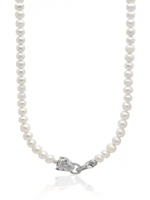 NIALAYA JEWELRY Panther Head Lock Pearl Necklace - Silver