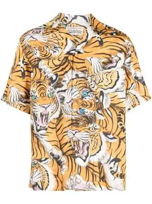 トップス WACKO MARIA 25aw TIGER OPEN COLLAR SHIRT Wacko Maria Tiger-Print Short-Sleeve Shirt In Yellow - 45% Off
