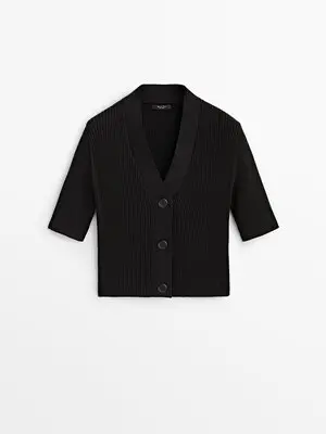Massimo Dutti Ribbed Cotton And Silk Blend Cardigan - Black