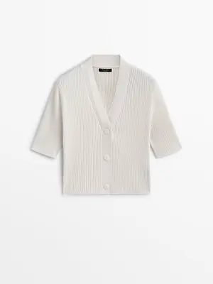 Massimo Dutti Ribbed Cotton And Silk Blend Cardigan Cream