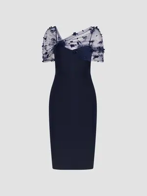Theia Gia Beaded Shawl-embellished Dress - Navy