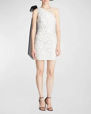 Halston Analise One-shoulder Polka-dot Mini Dress - Chalkblack