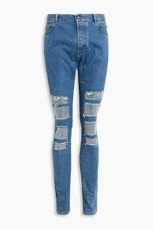 Balmain Skinny-fit Distressed Embellished Denim Jeans