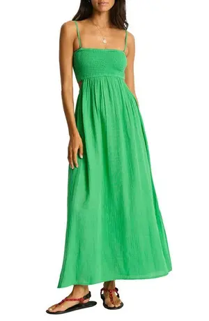 SEA LEVEL Smocked Bodice Cotton Seersucker Cover-up Dress - Kelly Green