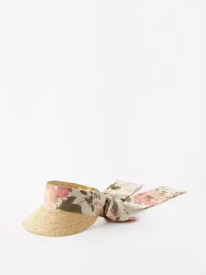 Erdem Floral-print Cotton And Raffia-woven Visor - Pink