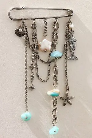 Free People Oversized Safety Pin With Dangling Chains And Charms - Silver Beachy