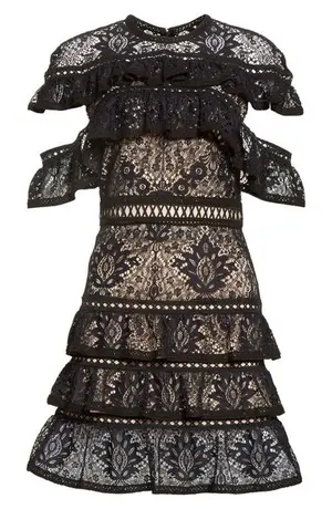 Alice + Olivia Jolie Tiered Ruffle Lace A-line Dress