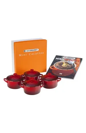 LE CREUSET 5-piece Mini Stoneware Cocottes & Cookbook Set Cerise