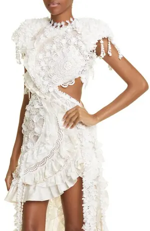white mini dress with lace sleeves A.L.C. Women's Eden Lace Mini Dress in Ecru, Size 00 main image 1