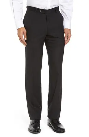 Berle Flat Front Stretch Solid Wool Trousers - Black