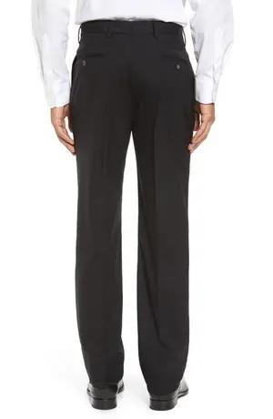Berle Flat Front Stretch Solid Wool Trousers - Black