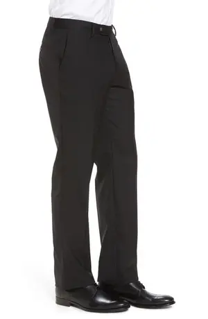 Berle Flat Front Stretch Solid Wool Trousers - Black