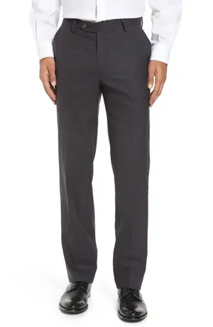 Berle Flat Front Stretch Solid Wool Trousers - Medium Grey