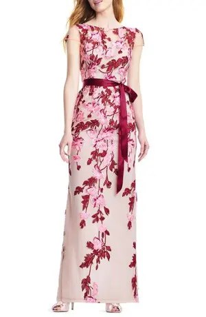 Adrianna Papell Floral Embroidered Gown - Merlot Multi