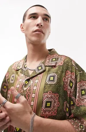 Topman Print Short Sleeve Satin Button-up Shirt