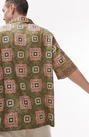 Topman Print Short Sleeve Satin Button-up Shirt