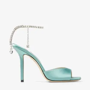 JIMMY CHOO Saeda Sandal 100 Smoke Green Satin Sandals With Crystal Chain