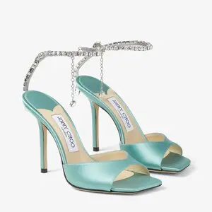 JIMMY CHOO Saeda Sandal 100 Smoke Green Satin Sandals With Crystal Chain