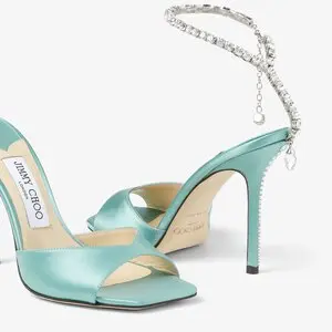 JIMMY CHOO Saeda Sandal 100 Smoke Green Satin Sandals With Crystal Chain