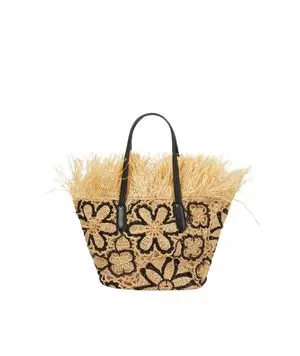 Oscar De La Renta Floral Crochet Straw Basket Bag