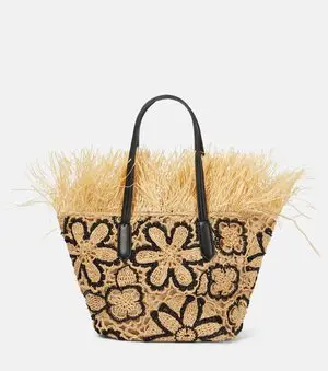 Oscar De La Renta Floral Crochet Straw Basket Bag