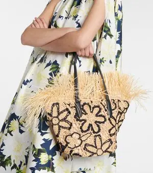 Oscar De La Renta Floral Crochet Straw Basket Bag