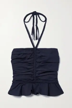 Veronica Beard Arienne Ruched Stretch-cotton Poplin Halterneck Top