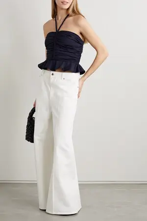 Veronica Beard Arienne Ruched Stretch-cotton Poplin Halterneck Top