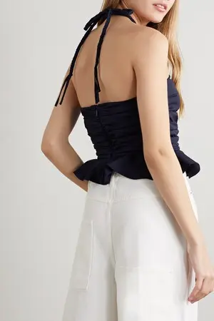 Veronica Beard Arienne Ruched Stretch-cotton Poplin Halterneck Top