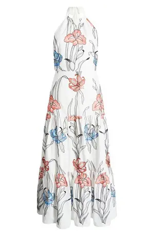milly hayden halter dress Hayden Floral Embroidered Midi Dress in Blue/White