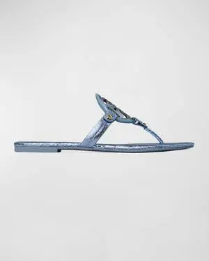 Tory Burch Miller Metallic Embossed Logo Thong Sandals Laguna Blue