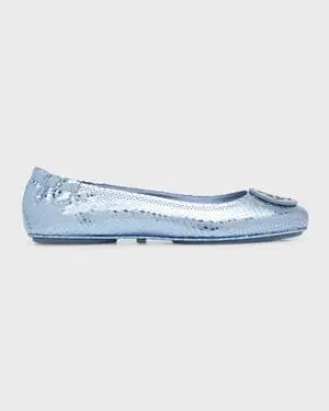 Tory Burch Minnie Travel Metallic Leather Ballet Flats - Laguna Blue