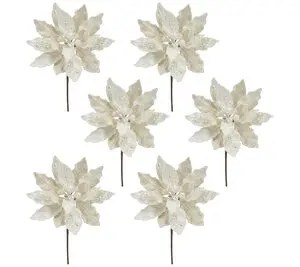 MELROSE Ivory Velvet Poinsettia Stem W/gold Bead Accents S/6 - One-color