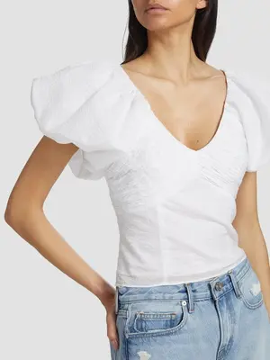 FRAME Puff-sleeve Seersucker Top