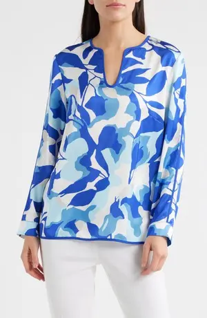 Ming Wang Ming Wang Split Sleeve Crêpe De Chine Blouse Sapphire Sea/ Dawn/ Multi