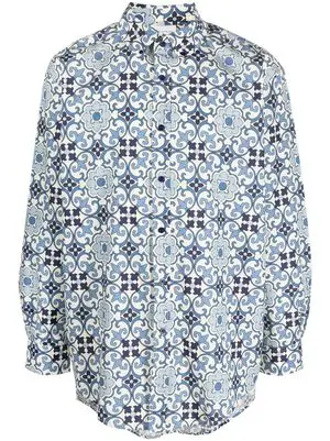 Drole De Monsieur Faïence Geometric-print Cotton Shirt - Blue