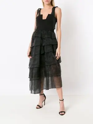 OLYMPIAH Mesh-tiered Bodice Midi Dress