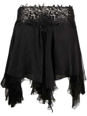 Versace Silk Floral Lace Appliqué Asymmetric Hem Skirt - Black