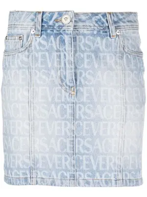Versace Allover Logo Denim Miniskirt - Blue