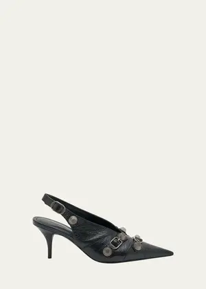 Balenciaga Cagole Leather Stud Slingback Pumps Black/aged Nikel