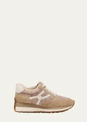 Veronica Beard Valentina Mixed Leather Wool Retro Sneakers Sand