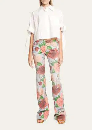Loewe Rose-Print Distressed Flare Denim Pants - Pink Red