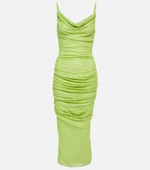 SELF-PORTRAIT Beaded Ruched Mesh Midi Dress