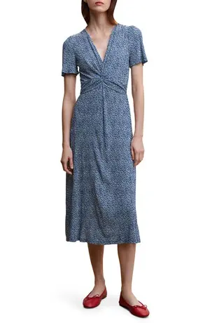 Mango Floral Short Sleeve Midi Dress Blue