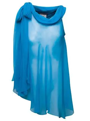 Alberta Ferretti Light-e Semi-sheer Asymmetric Top With Ruffle Detail In Silk - Blu