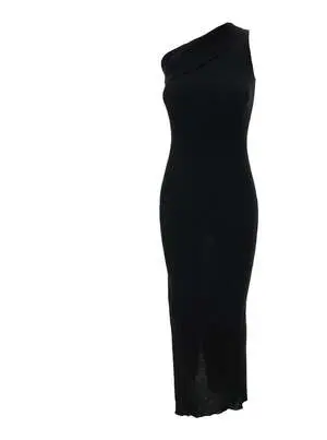 Rick Owens 'athena' Long Ribbed One Shoulder Dress In Wool - Black