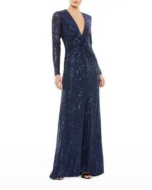 Mac Duggal Twist-front Long-sleeve Sequin Gown - Midnight