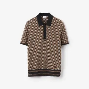 Burberry Check Cotton Blend Polo Shirt Dark Birch Brown