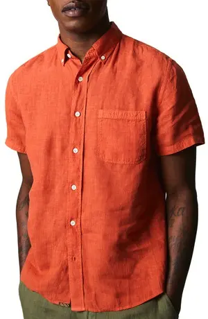 Billy Reid Tuscumbia Standard Fit Short Sleeve Linen Button-down Shirt Clay