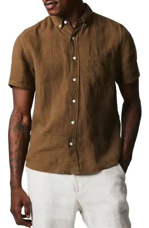 Billy Reid Tuscumbia Standard Fit Short Sleeve Linen Button-down Shirt Military